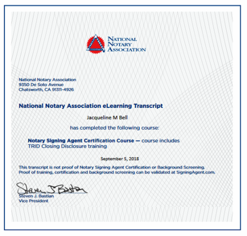 Notary Signing Agent - Jacqueline M Bell, RON NSA